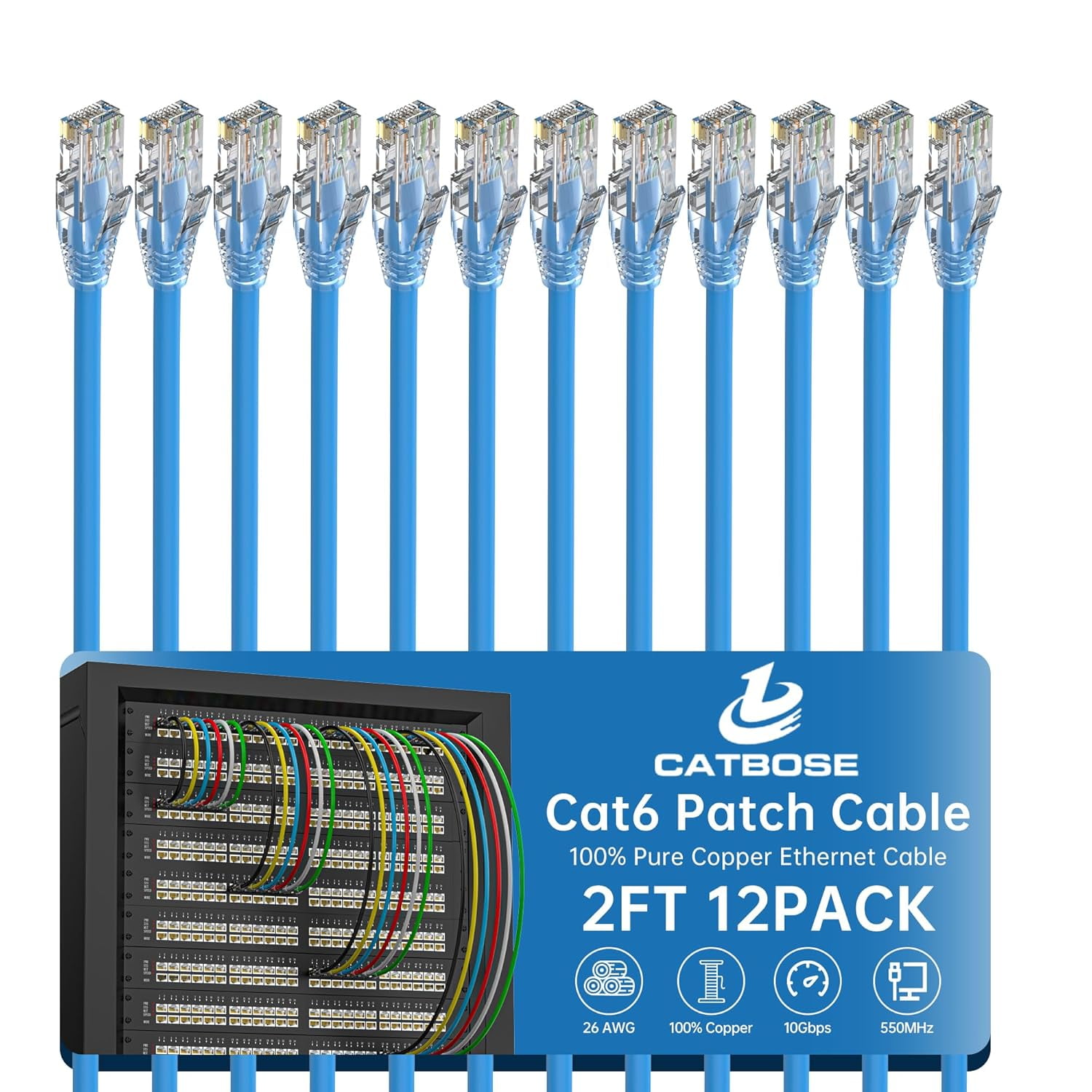 2 Feet Cat6 Patch Cables(12 Pack), Solid Pure Copper Patch Cord, Cat 6 ...