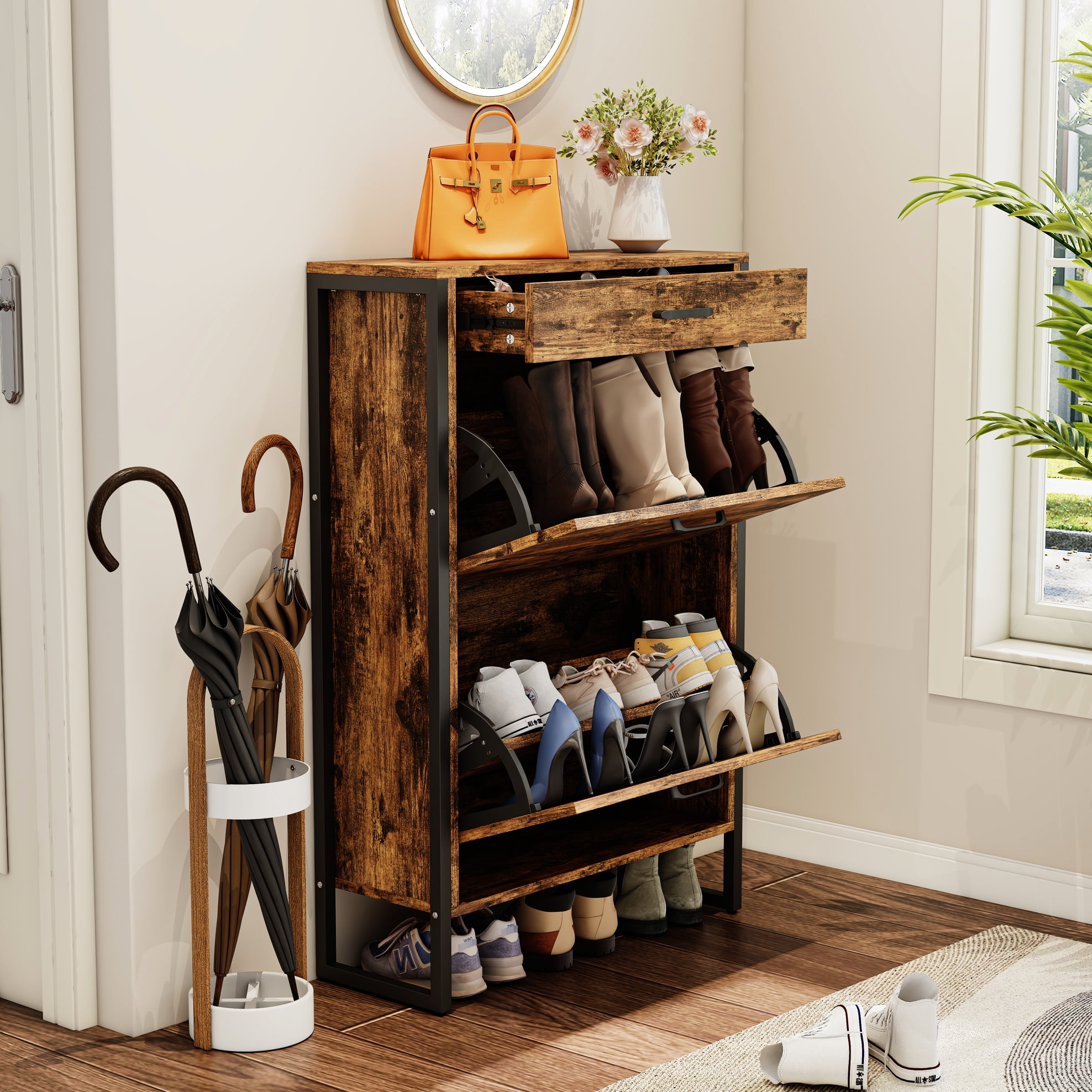 2 Flip Drawers & 1 Drawer Rustic Brown Shoe Rack, For Entrance, With ...