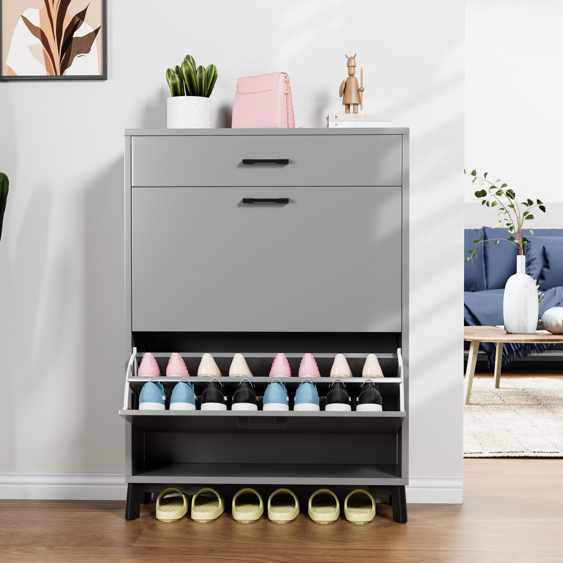 2 Flip Drawers Shoe Stand - Gray, Space Saving, For Entryway Use ...