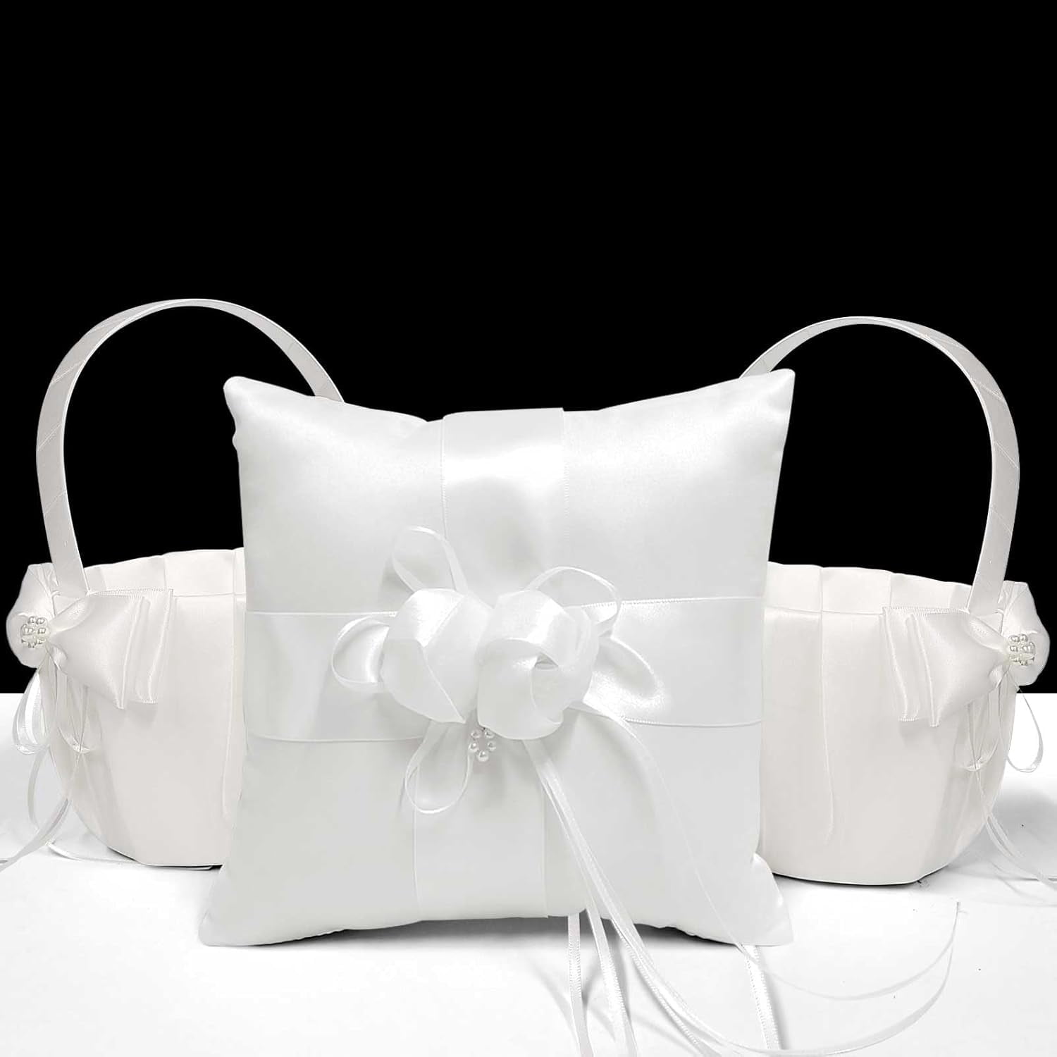 2 Flower Girl Baskets and Ring Bearer Pillow Set, White Satin Bowknot ...