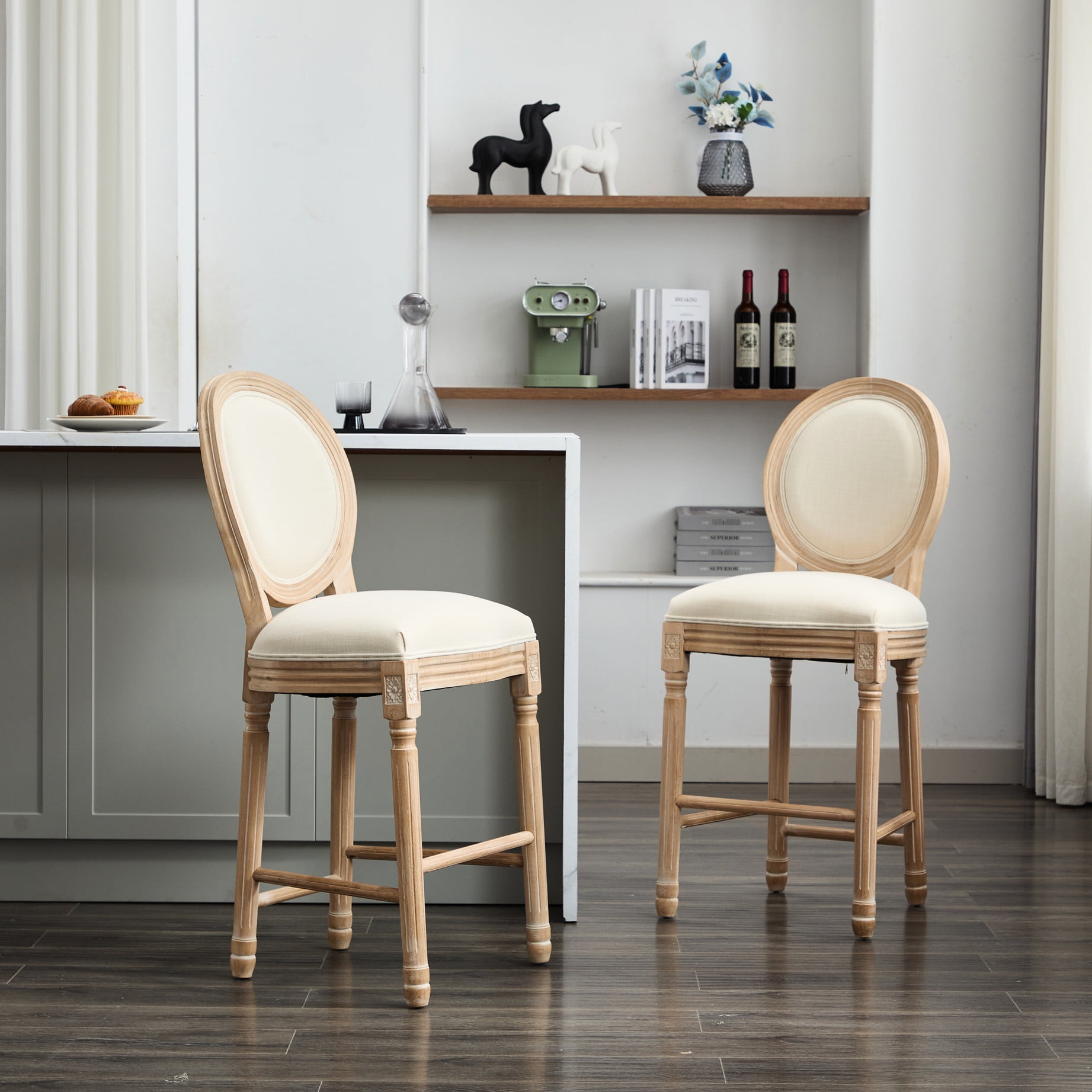 2 French Country Bar Chairs, Solid Wood Frame. Upholstered Seating For ...