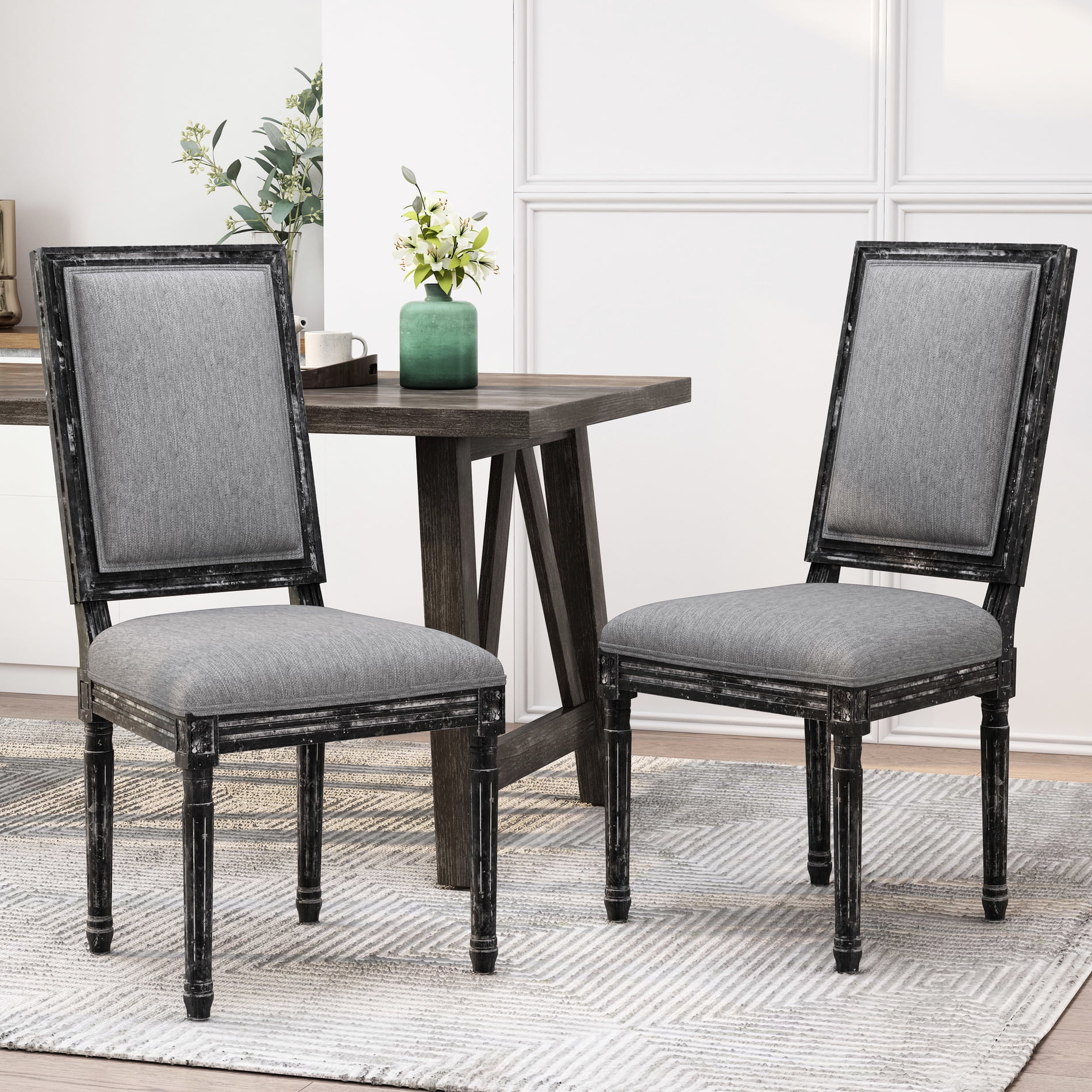 2 French Country Dining Chairs, Grey Upholstered With Rectangular And ...
