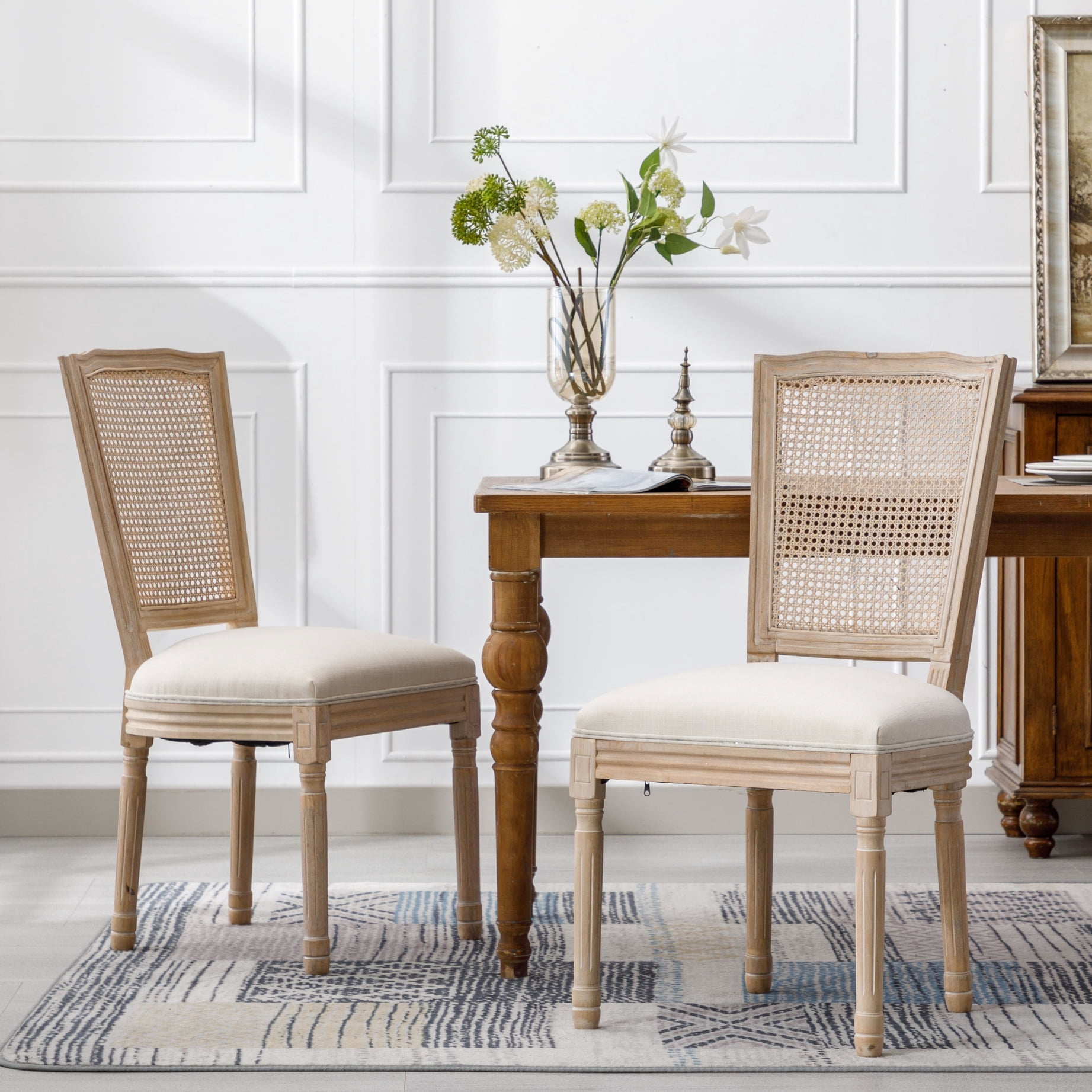 2 French Style Dining Chairs - Solid Wood, Linen Fabric, Square Back ...