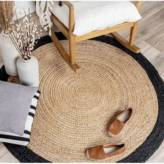 2 Ft Round Black & Natural Jute Area Rug, Hand-Woven, Reversible ...