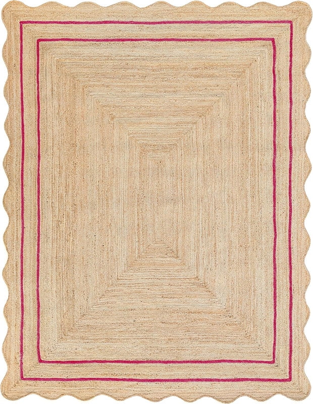 2 Ft Square Red Border Premium Scalloped Jute Rug – Handcrafted Natural ...