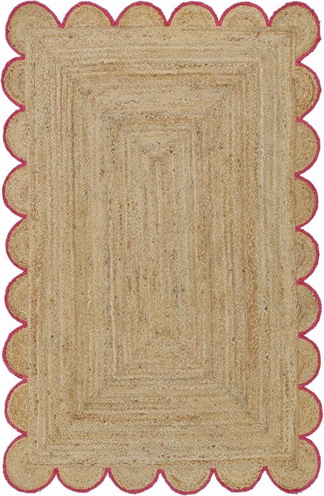 2 Ft Square Red Border Premium Scalloped Jute Rug – Handcrafted Natural ...