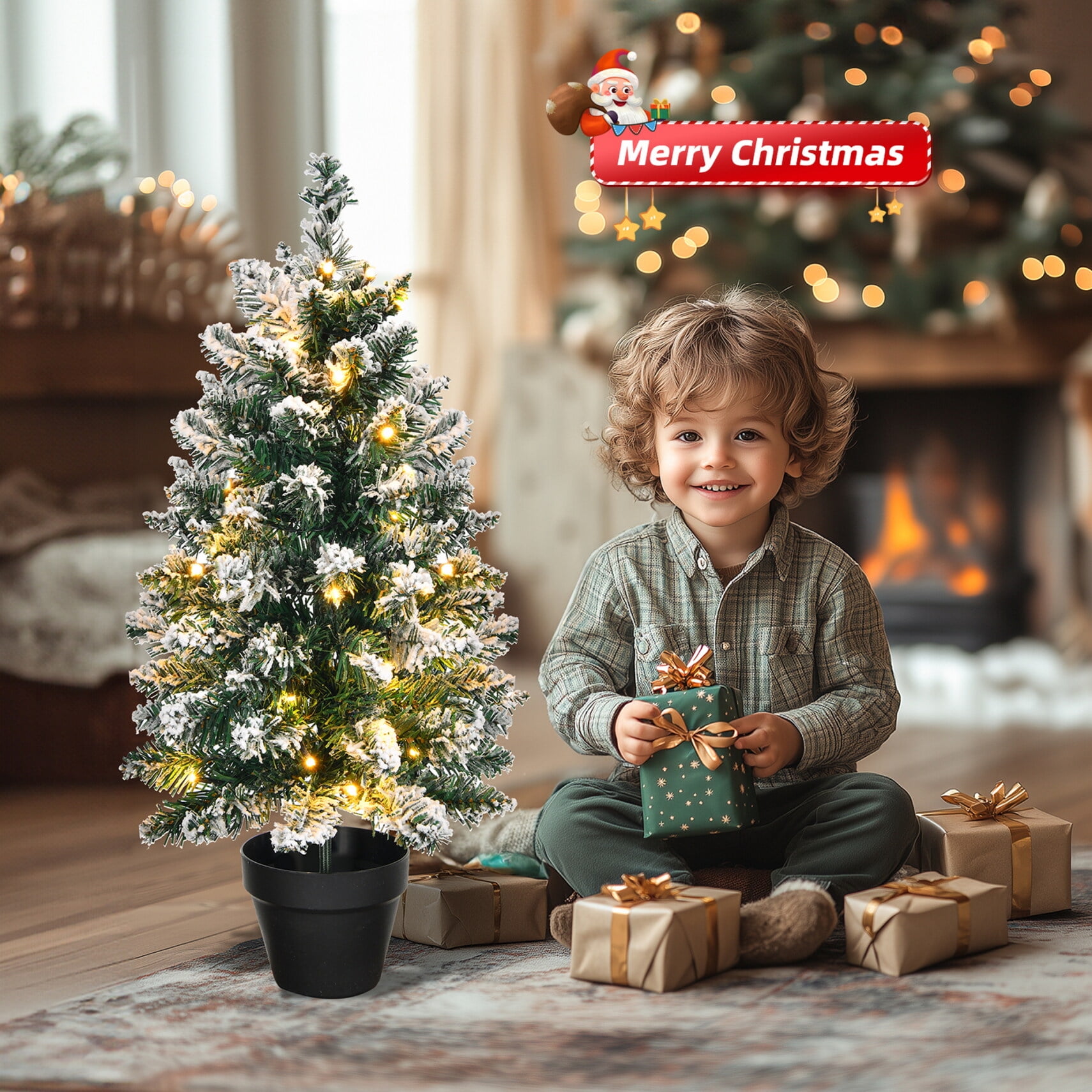 2 Ft Table Top Artificial Christmas Tree, Snow Flocked Christmas Tree ...