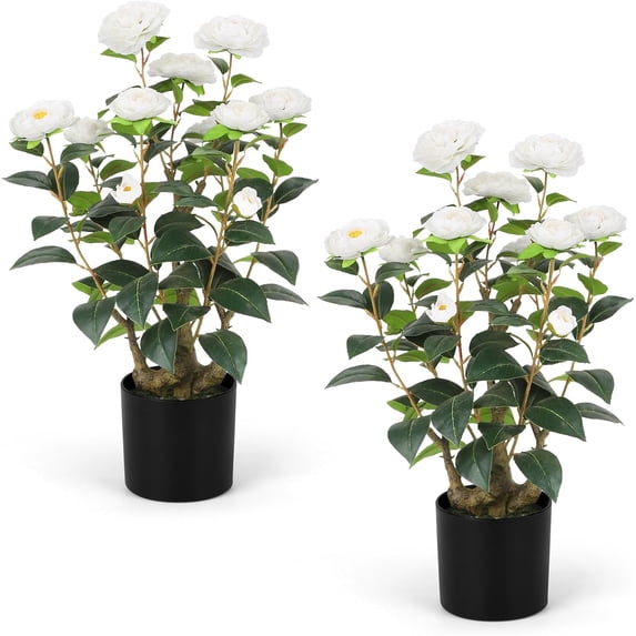 2 Ft White Artificial Camellia Tree 2 Pack Fake Potted Flower Tree for ...
