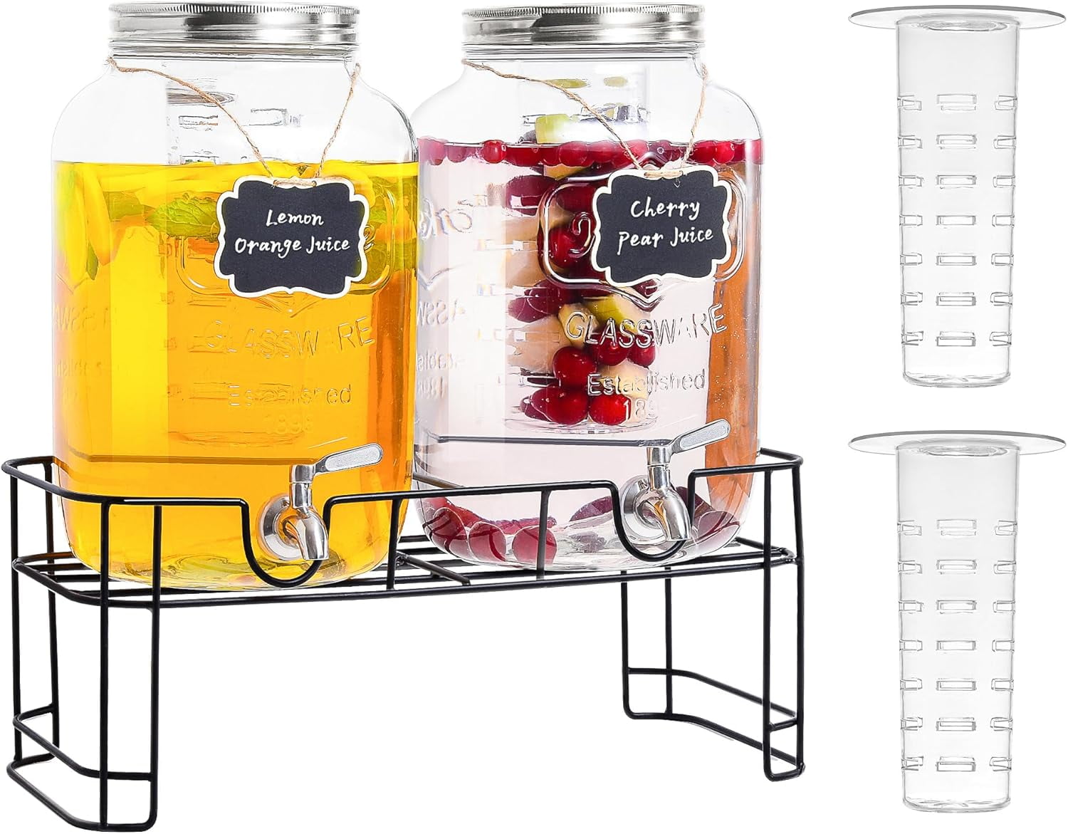 2 Gallon 2 PACK Glass Beverage Drink Dispensers Metal Stand and Lid,100 ...