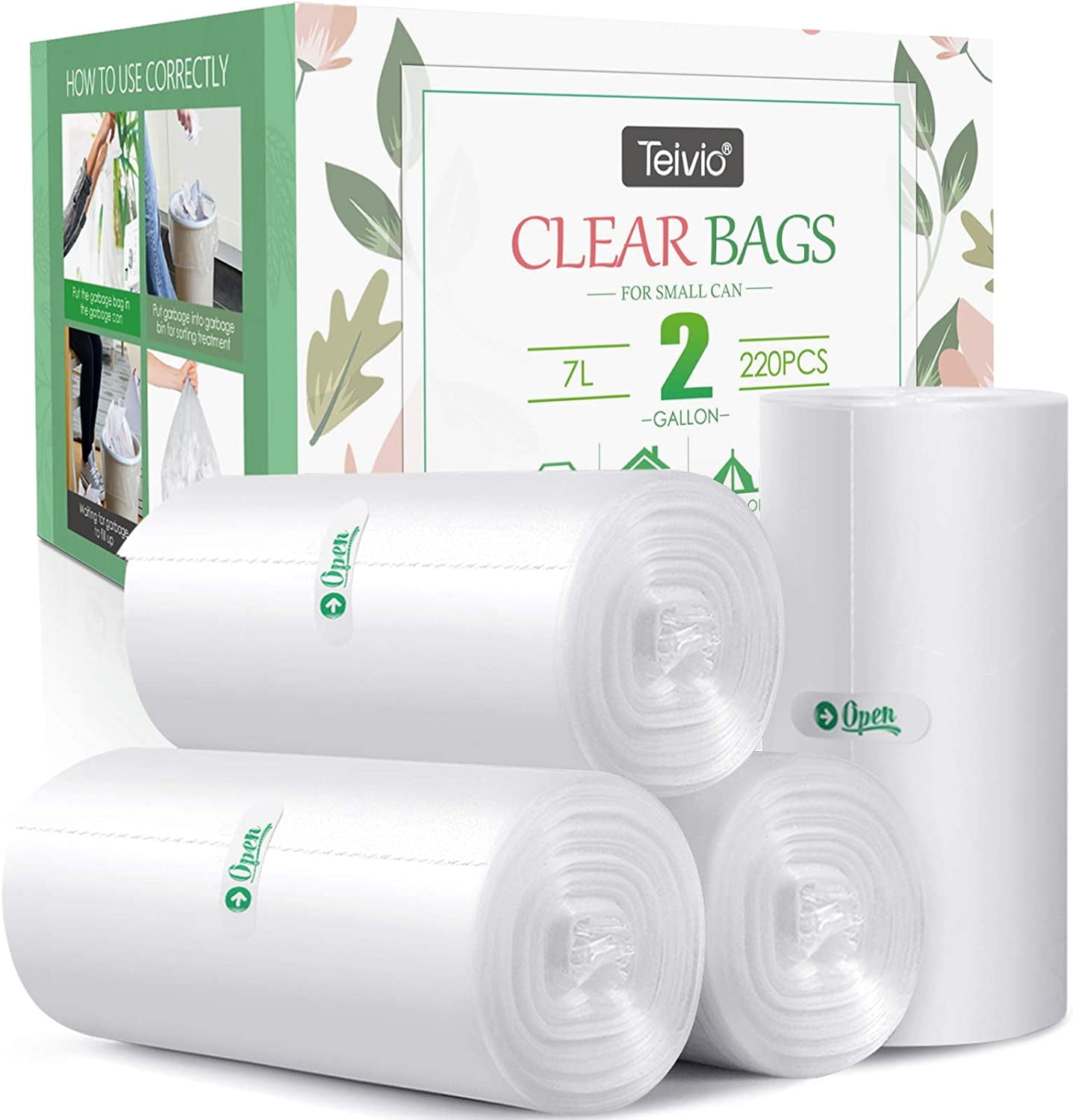 Teivio 2 Gallon Clear Trash Bags, 220 Count, Strong HDPE Material, Star ...