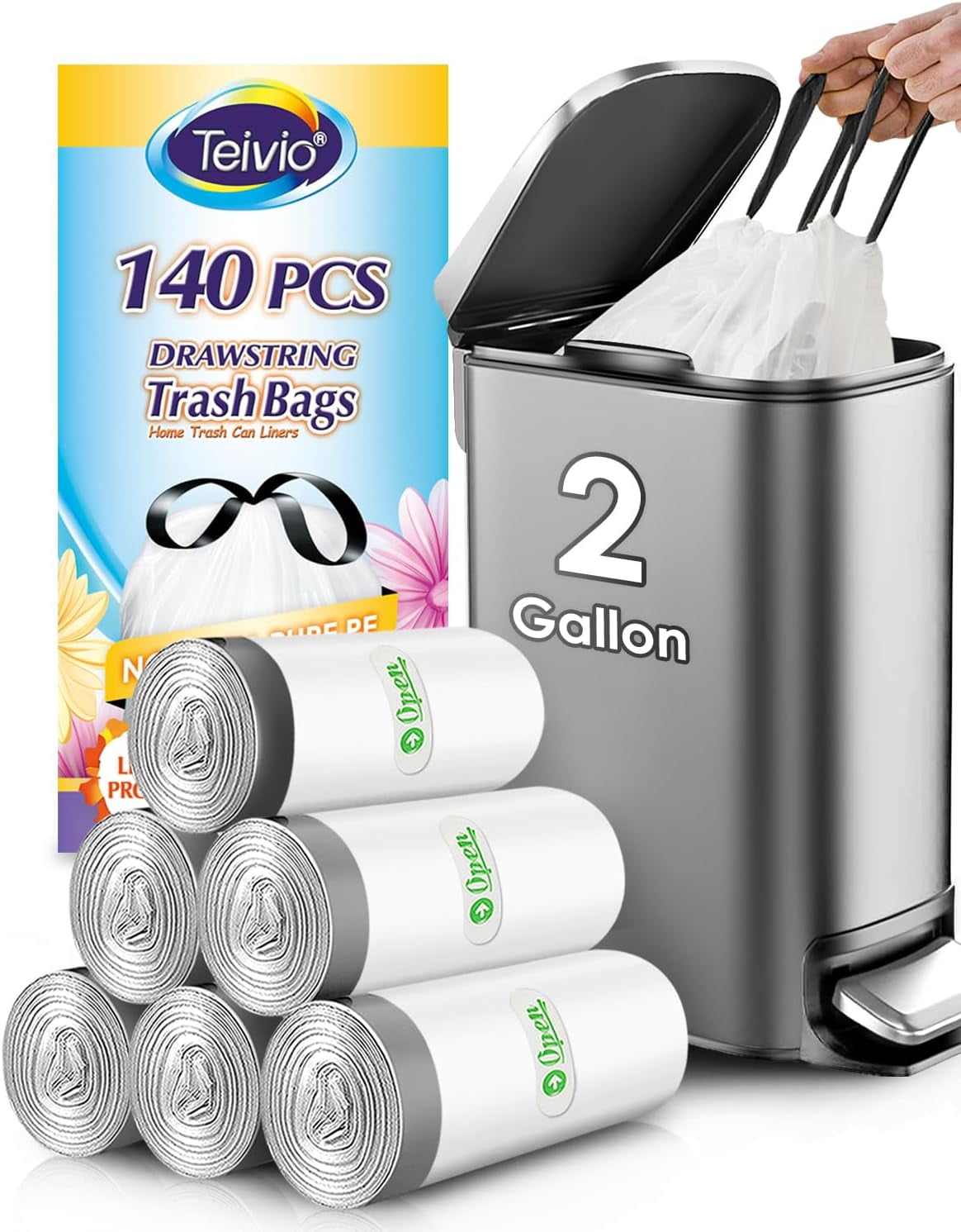 2 Gallon 80 Counts Small Strong Drawstring Trash Bags Garbage Bags by ...