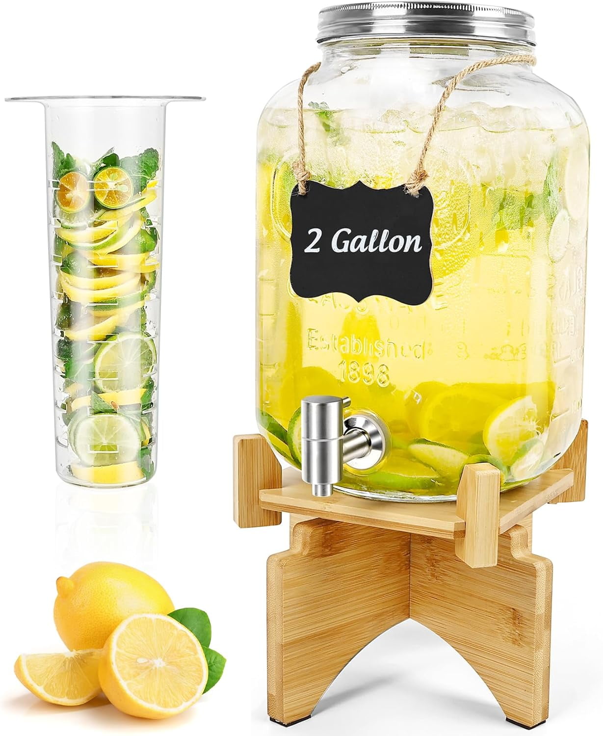 2 Gallon Drink dispenser, Glass Beverage Dispenser With Wood Stand ...