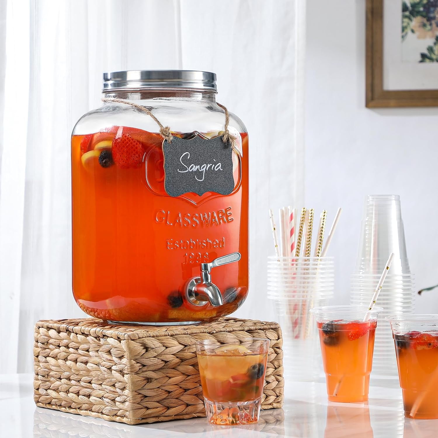 2 Gallon Glass Beverage Dispenser, 18/8 Stainless Steel Spigot and Lid ...