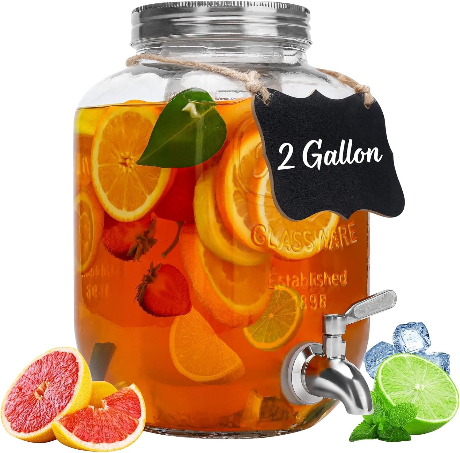 2 Gallon Glass Beverage Dispenser with Lid, Stainless Steel Spigot ...