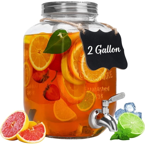 2 Gallon Glass Beverage Dispenser with Lid, Stainless Steel Spigot ...