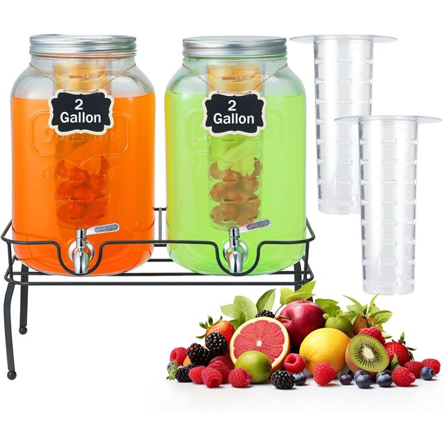 2 Gallon Glass Beverage Dispenser with Stand & Fruit Infuser, Stainless ...