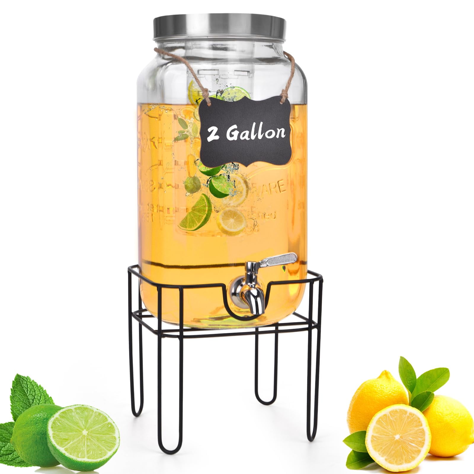 2 Gallon Glass Beverage Dispenser with Stand, Large Capacity Drink ...