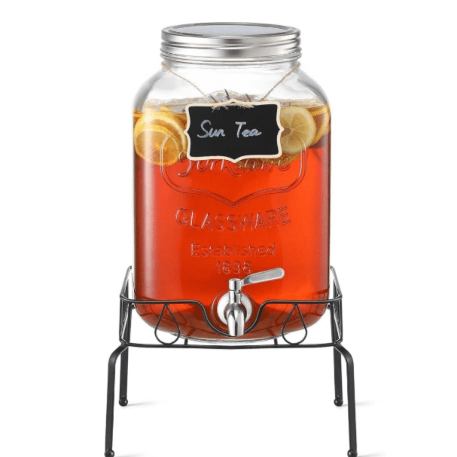 2 Gallon Glass Beverage Dispenser with Stand and Lid, 18/8 Stainless ...