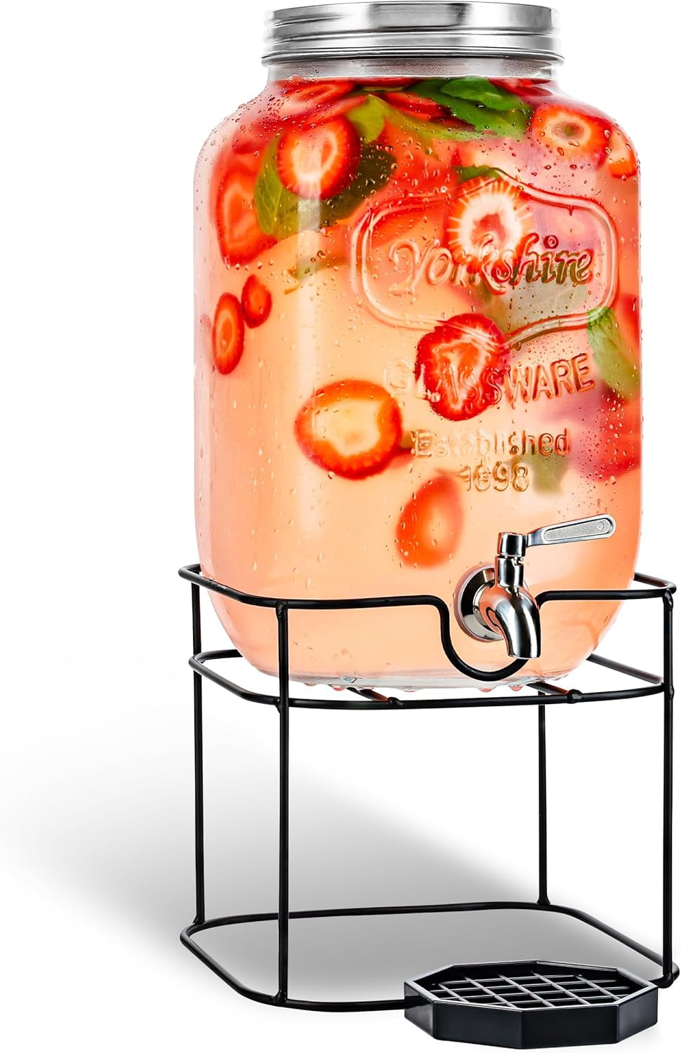 2 Gallon Glass Beverage Dispenser with Stainless Steel Spigot on Metal ...