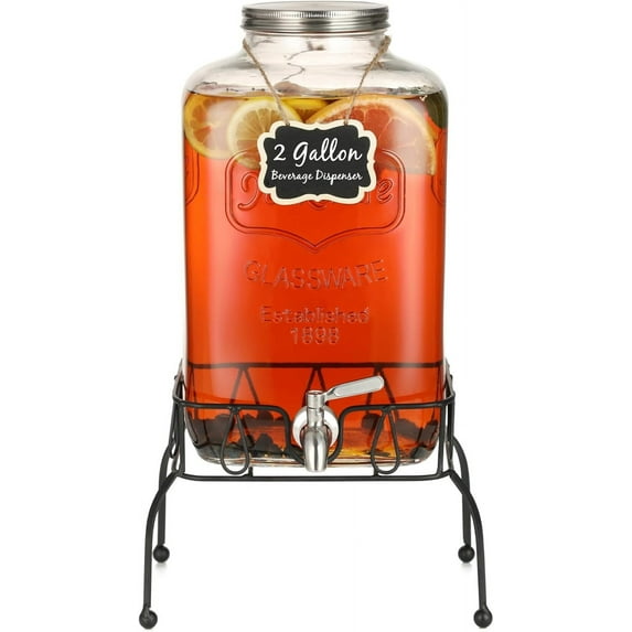 2 Gallon Glass Beverage Dispenser with Stand, Stainless Steel Leakproof ...