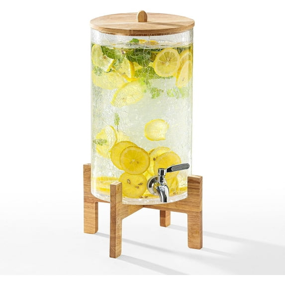 2 Gallon Glass Drink Dispenser with Stand, Beverage Dispenser with Wood ...