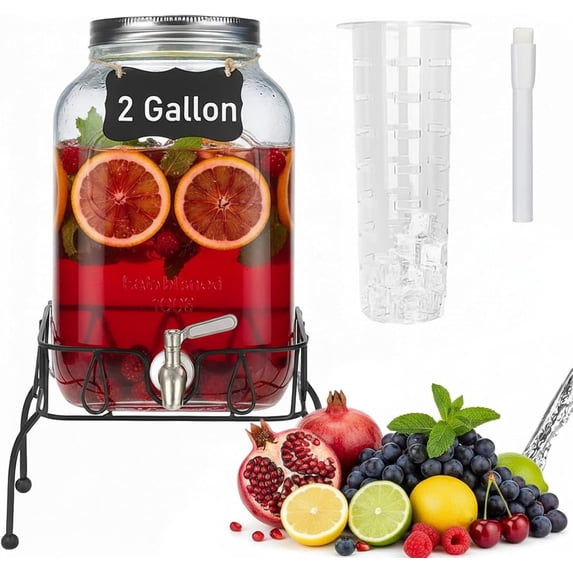 2 Gallon Glass Drink Dispenser with Stand, Ice Cylinder,Stainless Steel ...