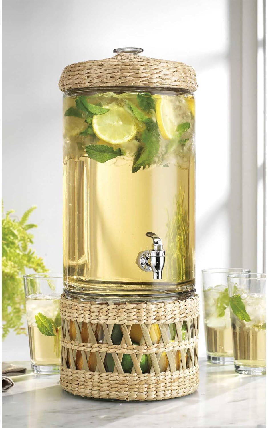 2-Gallon Glass Drink Dispenser with Rattan Wrap Elegant Beverage ...