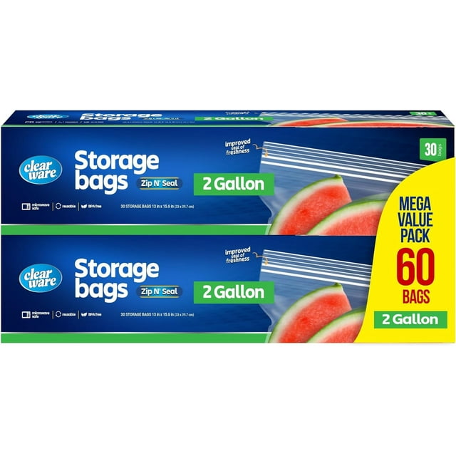 2 Gallon Storage Bags, Double Zipper Seal - 60 Count, Resealable Thick ...