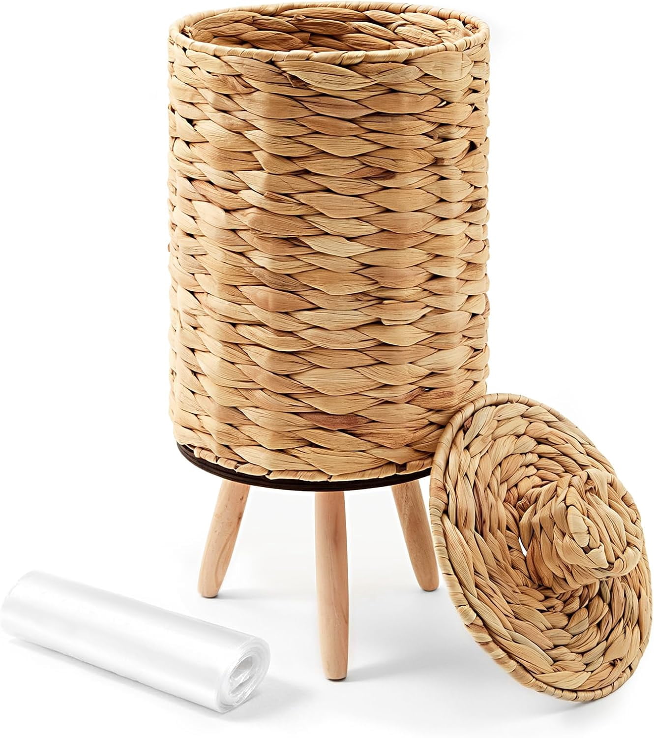 2 Gallons Wicker Trash Can with Lid, Small Bathroom Wicker Waste Basket ...