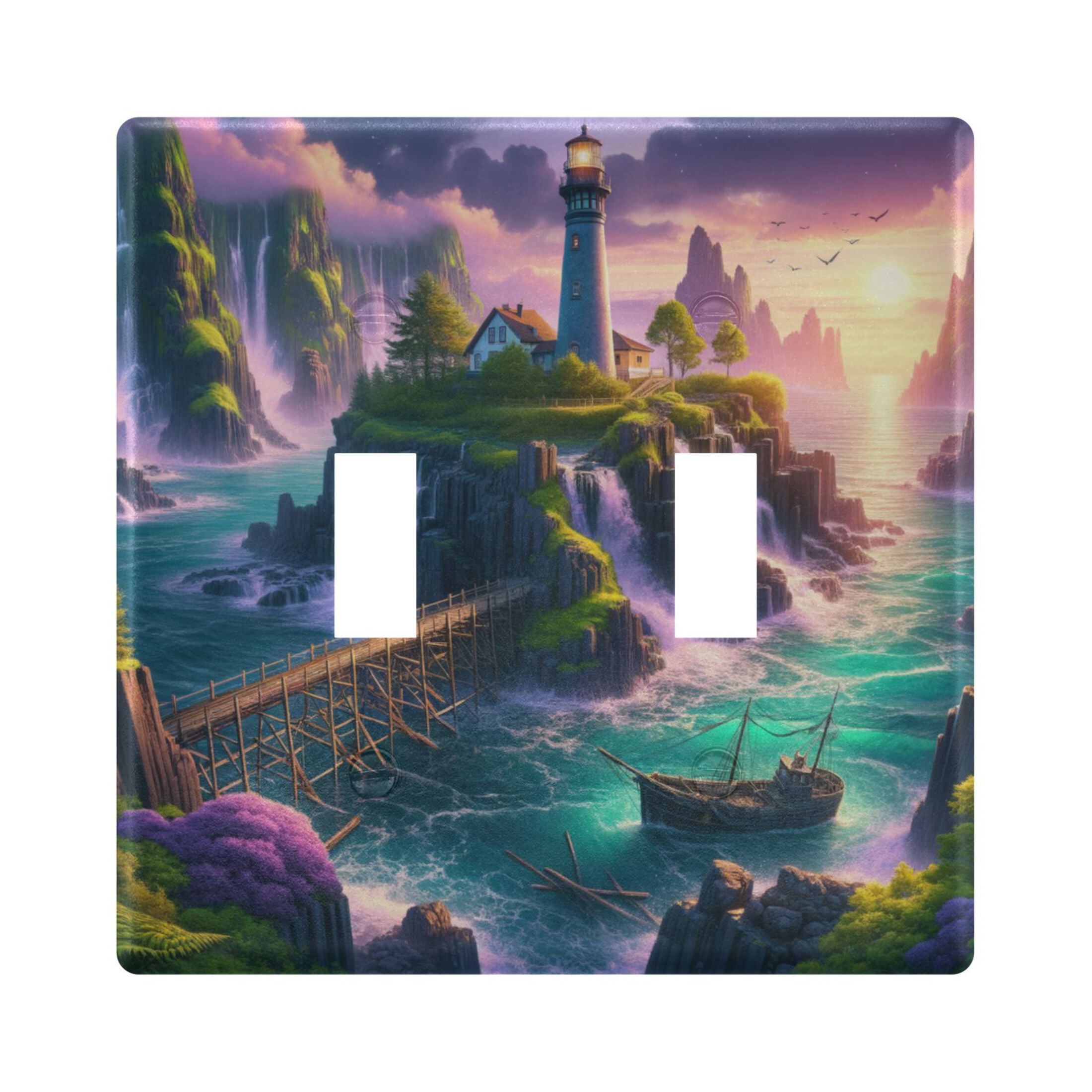 2 Gang Light Switch Cover Plate Lighthouse on Island and Bridge Wall ...