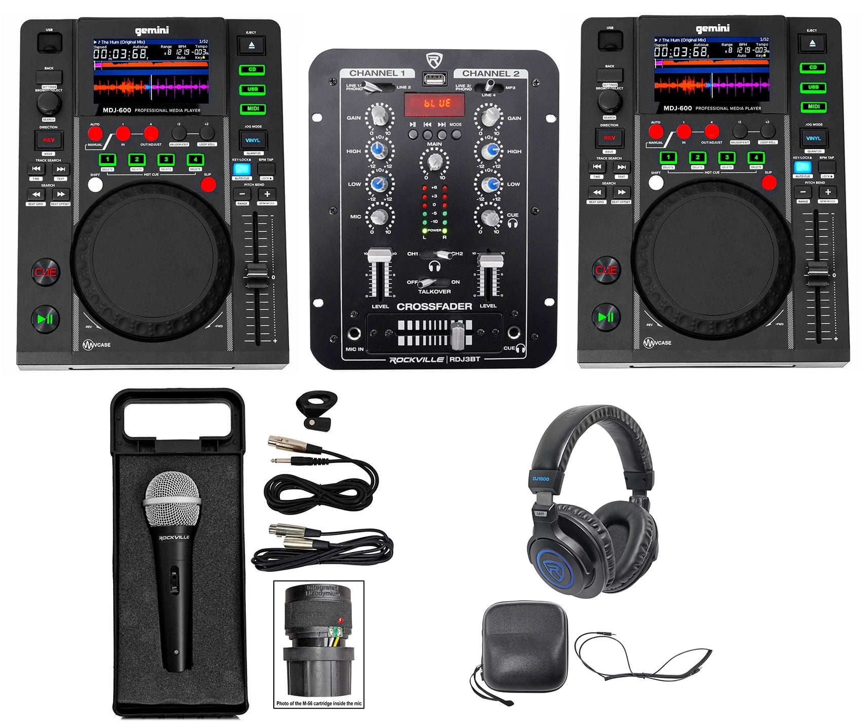 2) Gemini MDJ-600 USB/CD Media Players DJ MIDI Controllers+Mixer+Mic+Headphones - Walmart.com