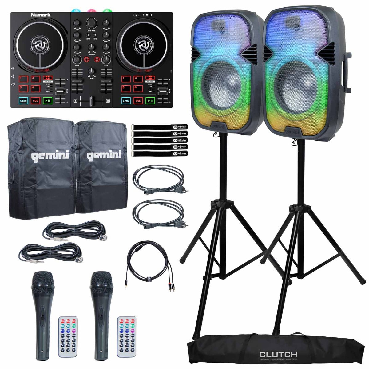 (2) Gemini PartyBox Rave15 15" Powered Speakers with Numark Party Mix ...