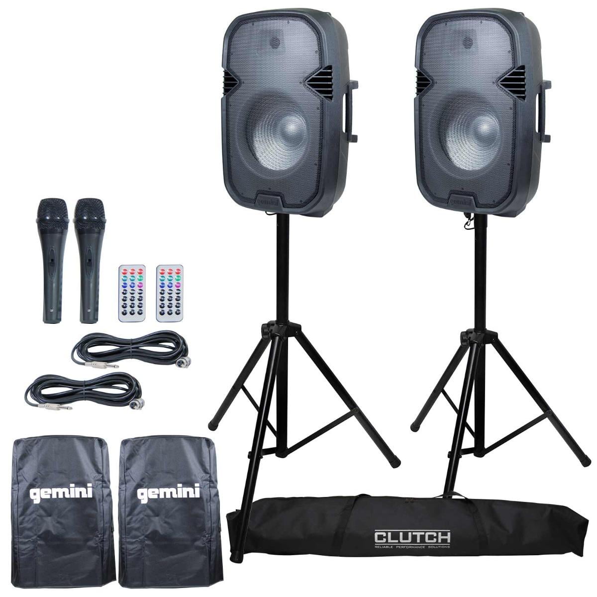 (2) Gemini PartyBox Rave15 15" Powered Speakers with Tripod Speaker ...