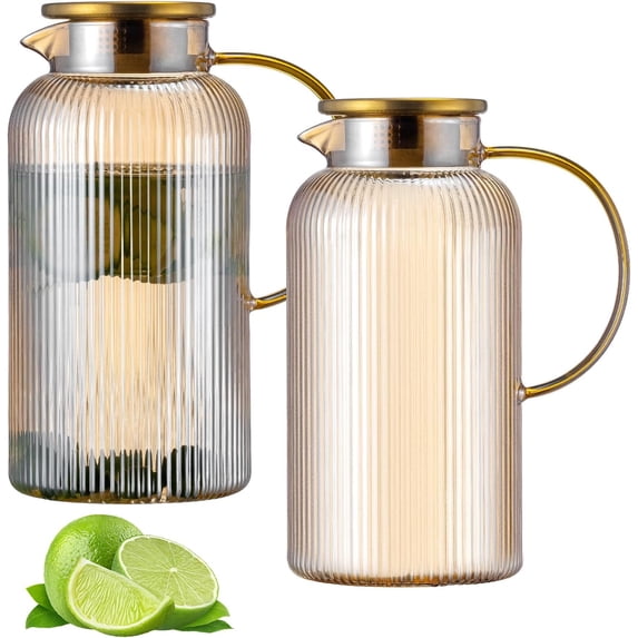2 Glass Pitcher with Lid, 68 oz/ 2 Liter Classic Vertical Stripes Water ...