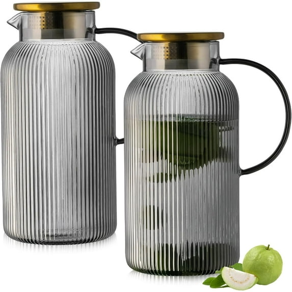 2 Glass Pitcher with Lid, 68 oz/ 2 Liter Gray Classic Vertical Stripes ...