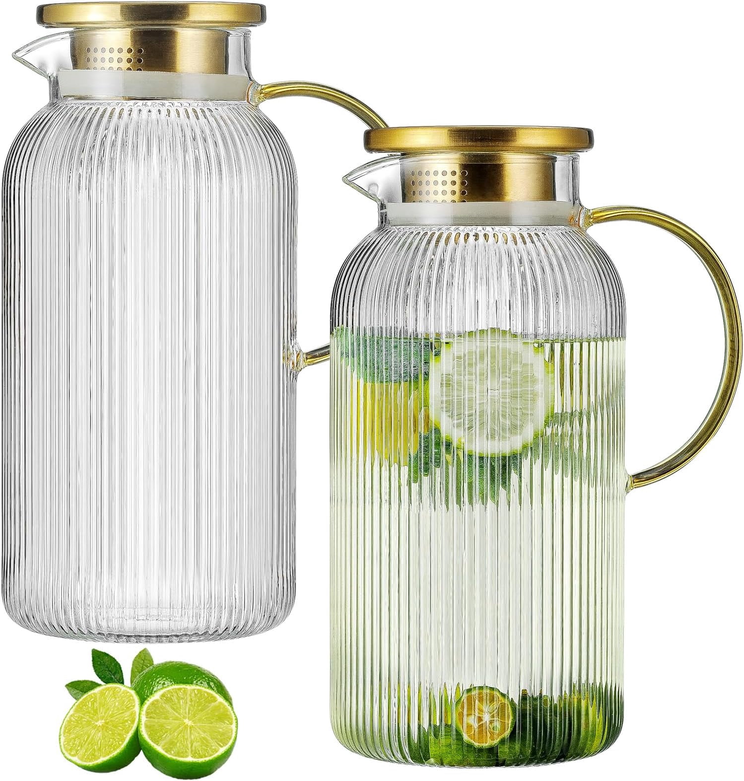 2 Glass Pitcher with Lid, 84oz/2.5L Liter Classic Vertical Stripes ...