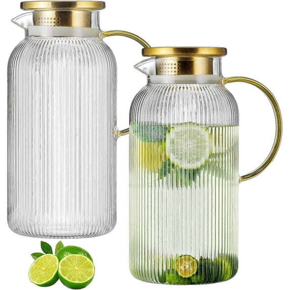 2 Glass Pitcher with Lid, 84oz/2.5L Liter Classic Vertical Stripes ...