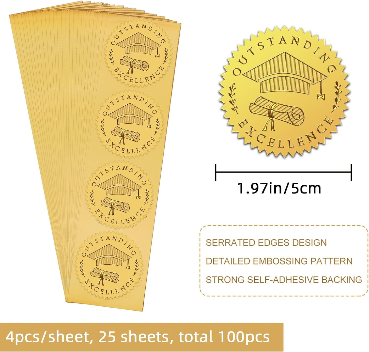 2" Graduation Gold Foil Embossed Stickers Outstanding Excellence ...