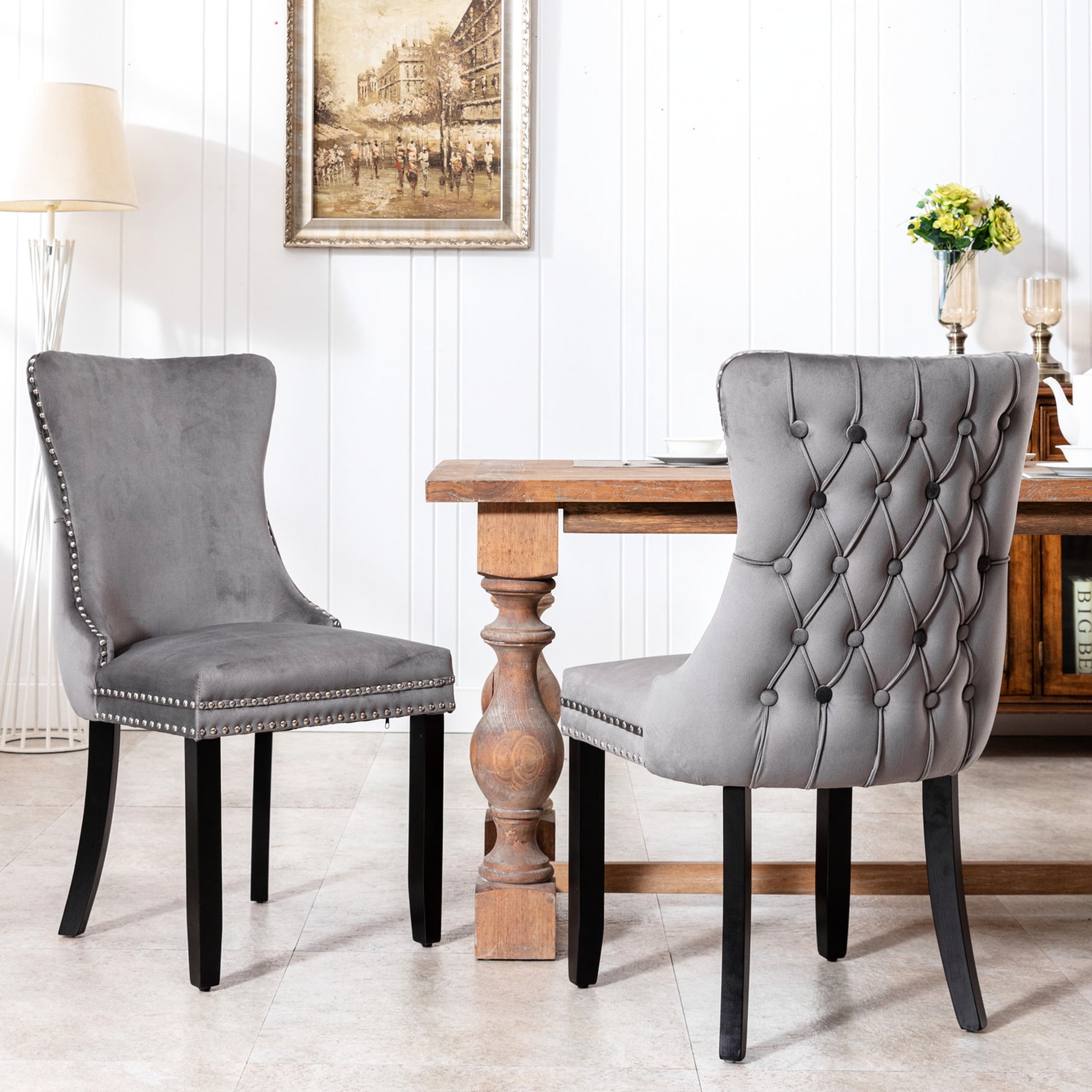 2 Gray Upholstered Wing-Back Dining Chairs, High-Quality Velvet Fabric ...