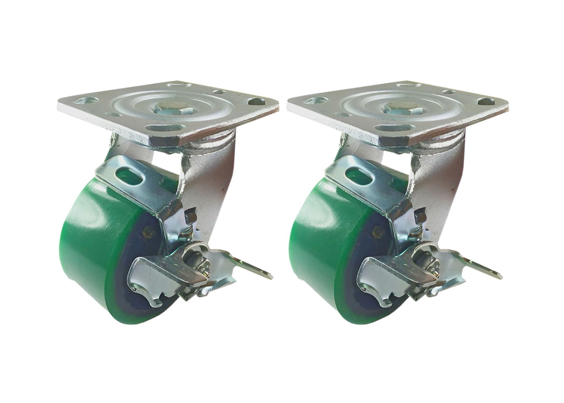 2 Green Polyurethane on Cast Iron 4" Heavy Duty Caster Set - Swivel ...