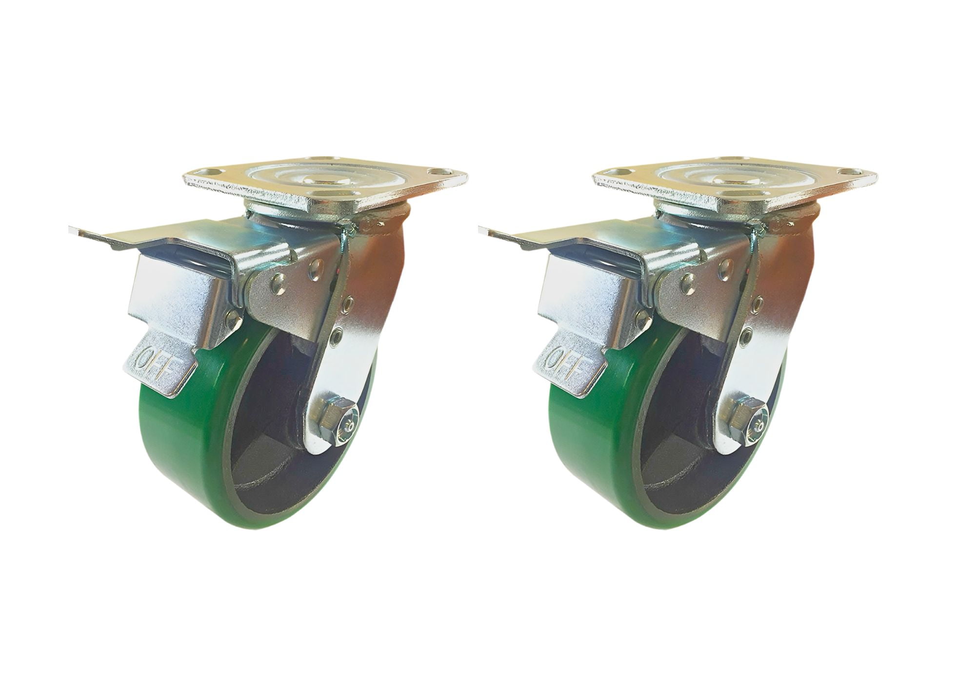 2 Green Polyurethane on Cast Iron 6" Heavy Duty Caster Set - Swivel ...