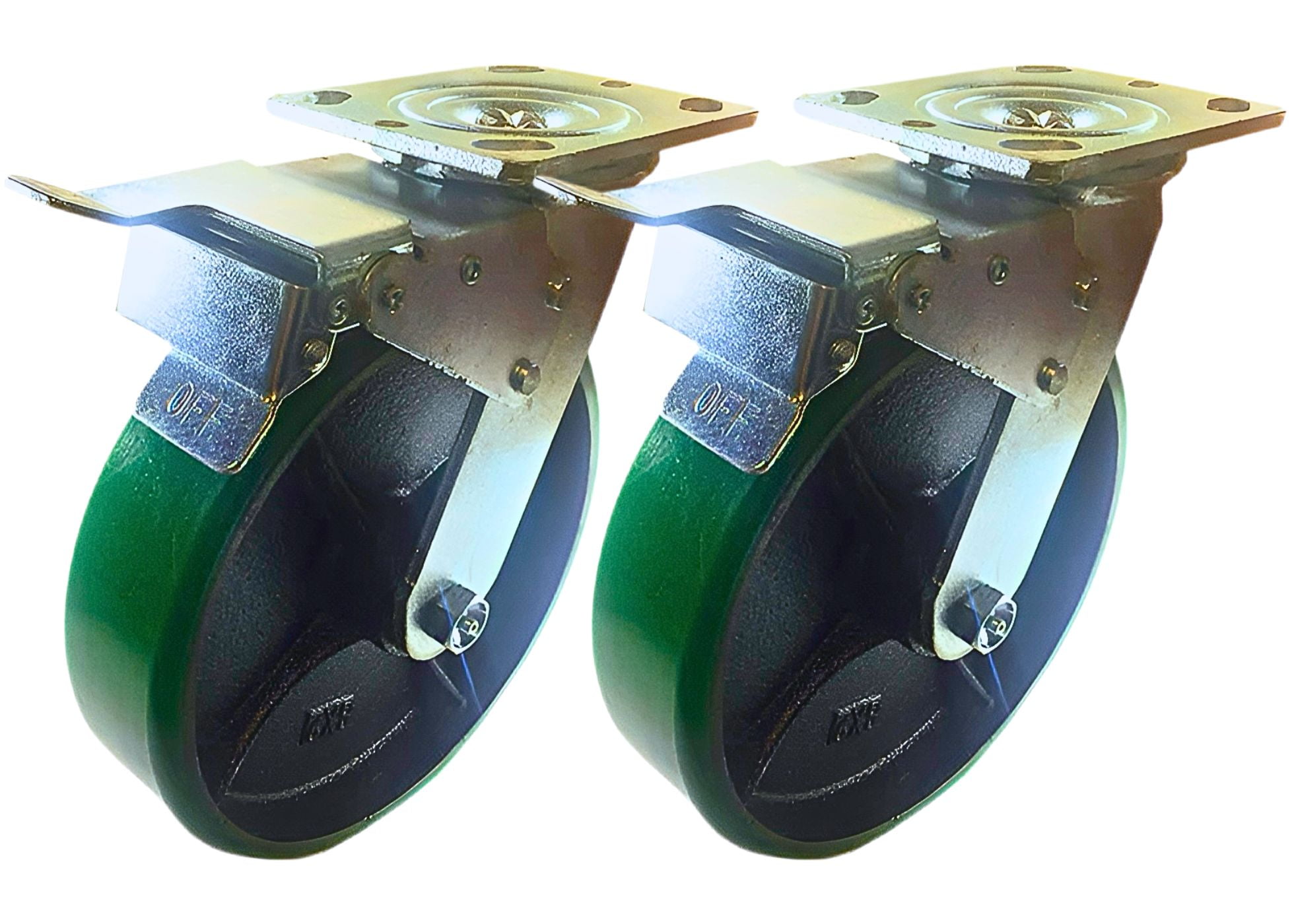 2 Green Polyurethane on Cast Iron 8" Heavy Duty Caster Set - Swivel ...