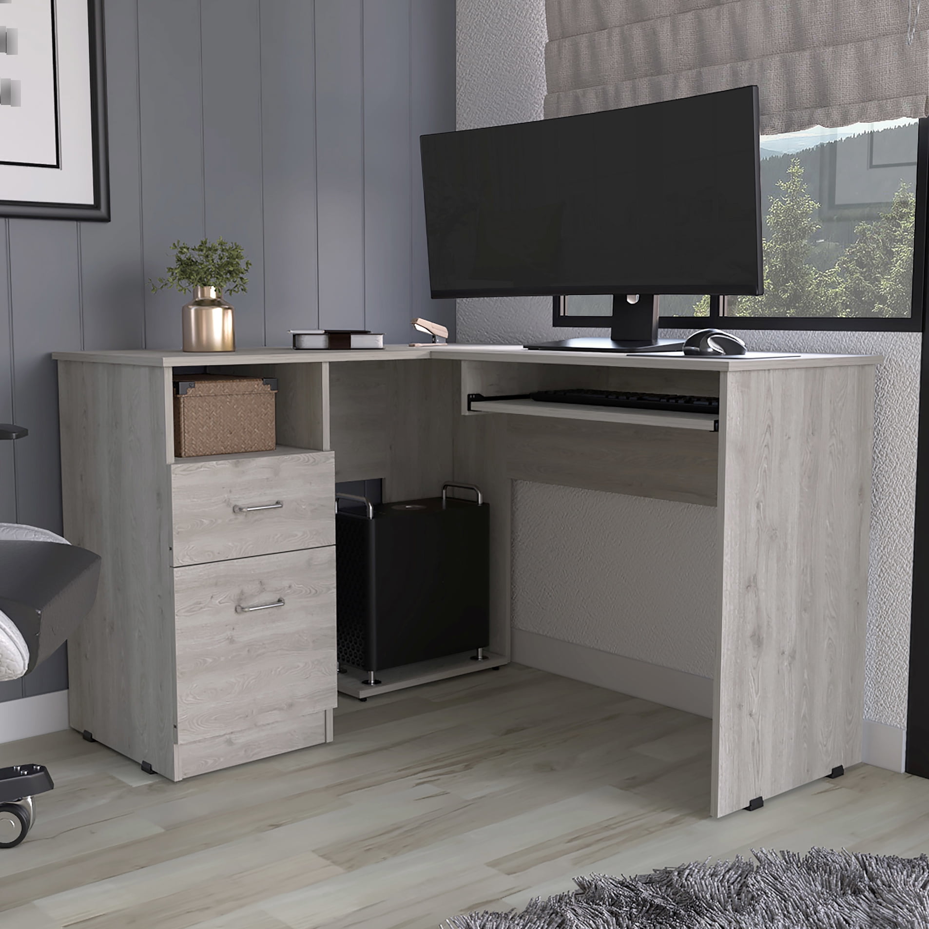 2 Grey L-shaped Desk For Home Workspace 1-shelf A Modern And Functional ...