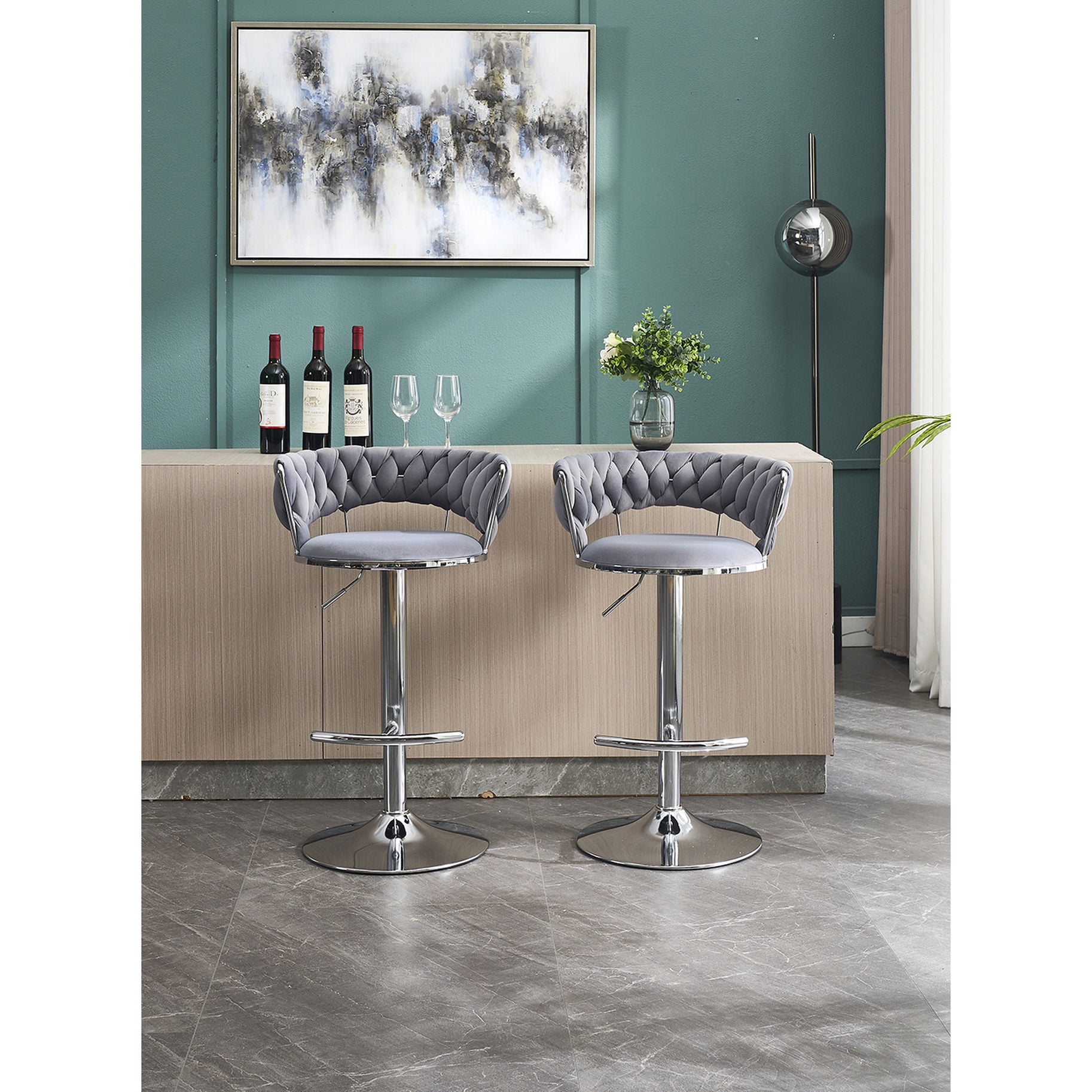 2 Grey Velvet Stools, Chrome - High - Resilience Sponge - Dining Space ...