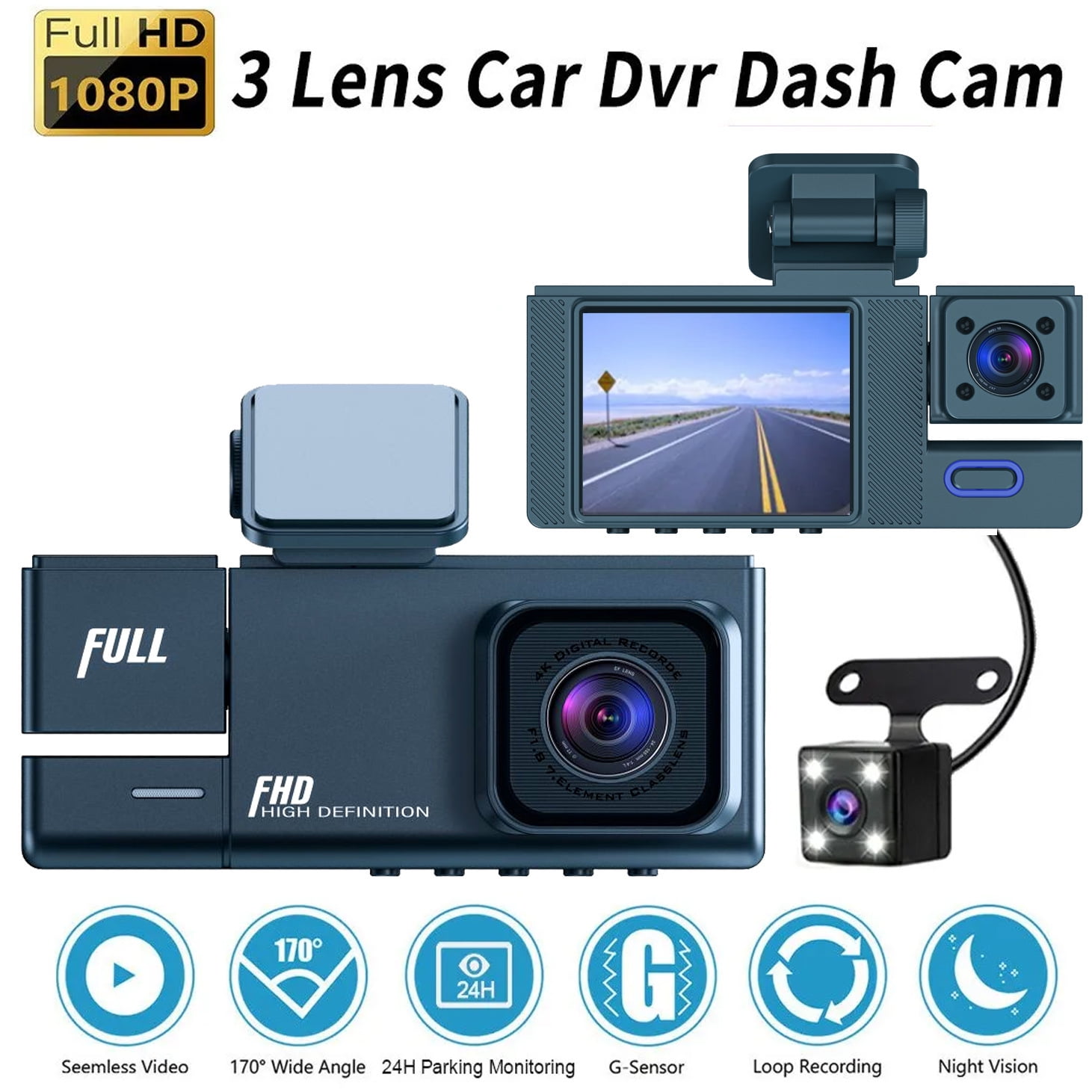 2" HD 1080P Three-Channel Car Dash Cam (Front + Interior + Rear ...