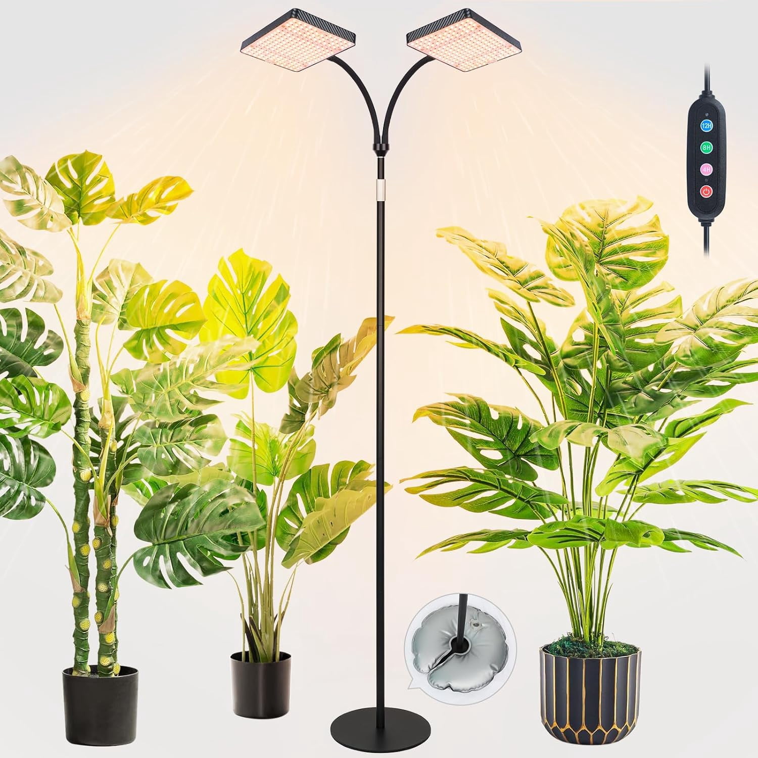 2 Head Floor Grow Light with Round Base, 50 Watt, 40 to 76 Inch Height ...