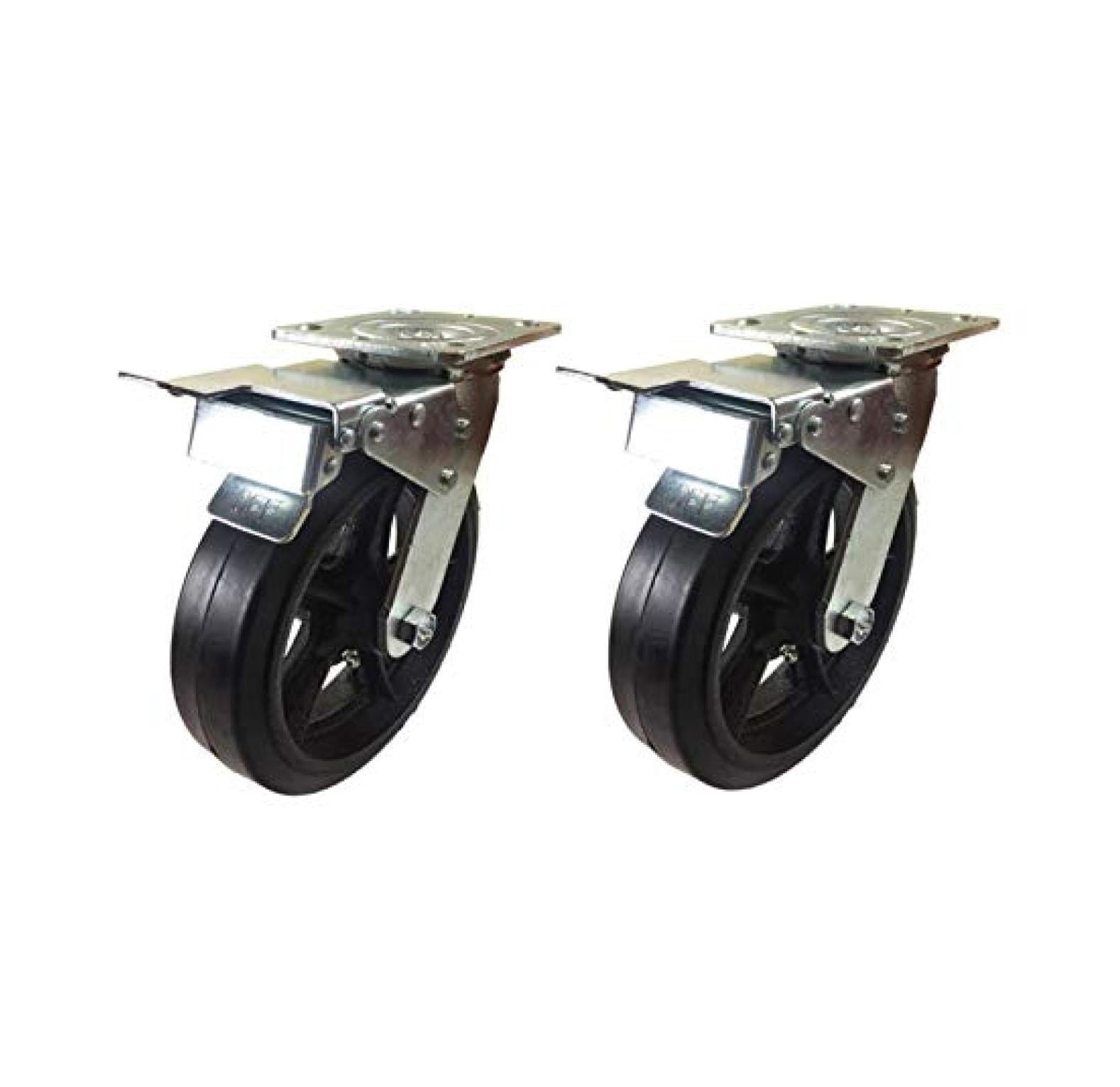 2 Heavy Duty Caster Set 4" 5" 6" 8" Rubber on Cast Iron Rigid Swivel ...