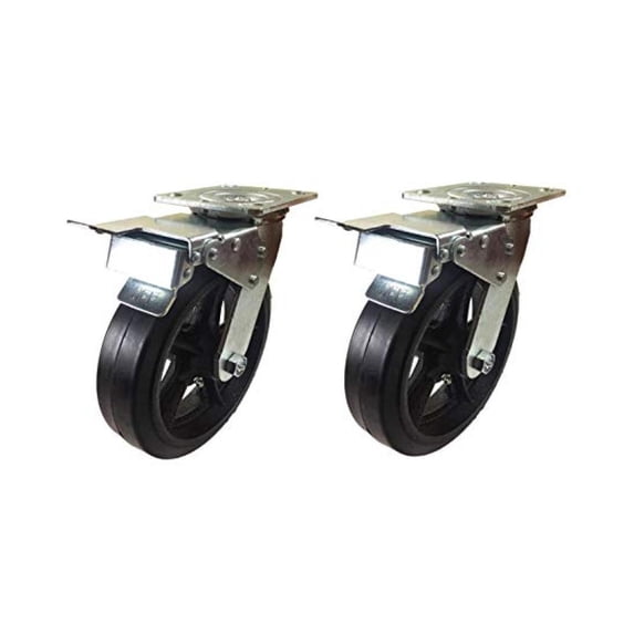 2 Heavy Duty Caster Set 4" 5" 6" 8" Rubber on Cast Iron Rigid Swivel ...