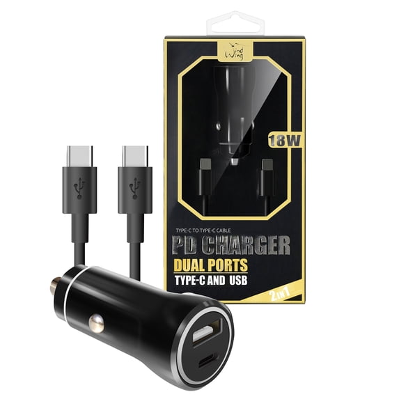 2-IN-1 18W Fast Type C Dual USB Ports Car Charger + Type C to Type C ...