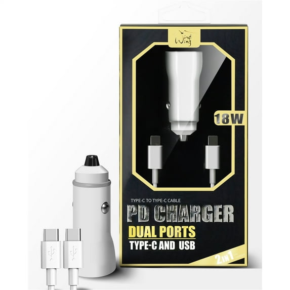2-IN-1 18W Fast Type C Dual USB Ports Car Charger+Type C to Type C ...